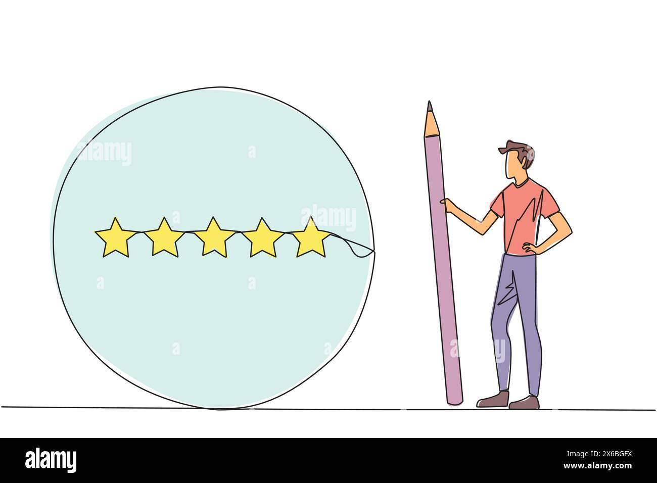 Single continuous line drawing happy man stands holding a large pencil ...