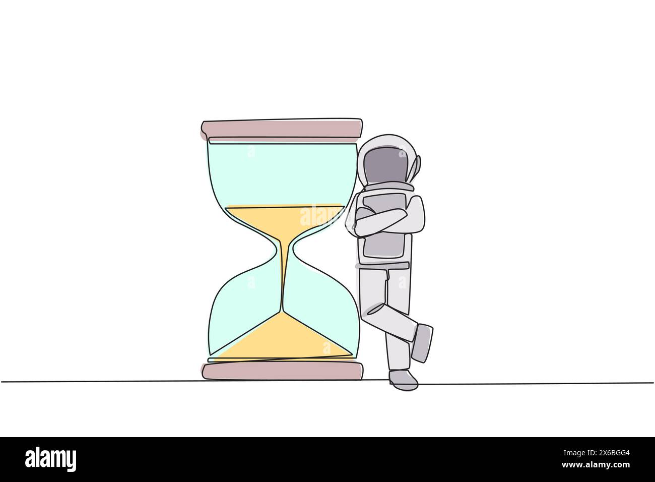 Continuous one line drawing young energetic astronaut lean on giant ...