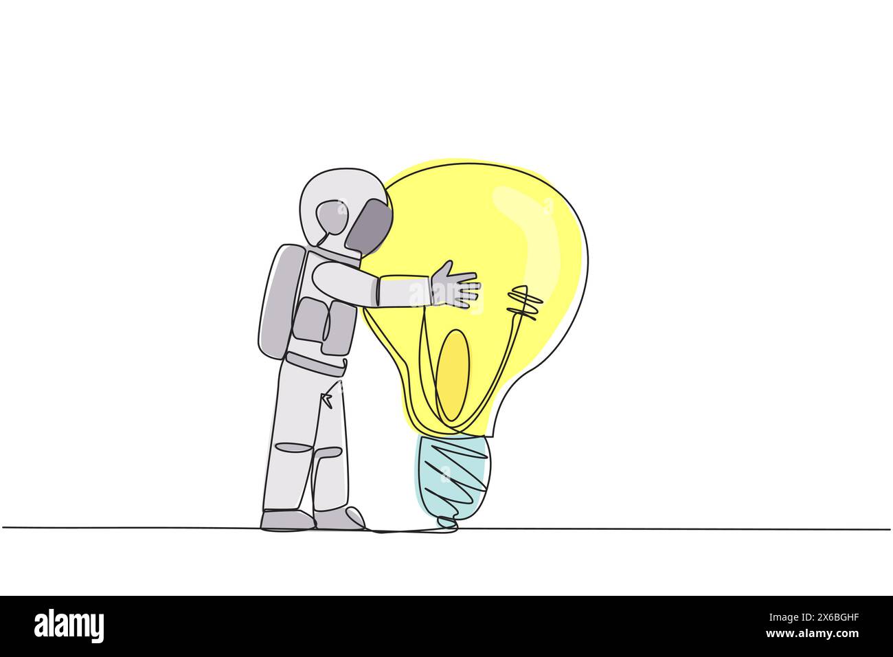 Single one line drawing young energetic astronaut hugging big lightbulb ...