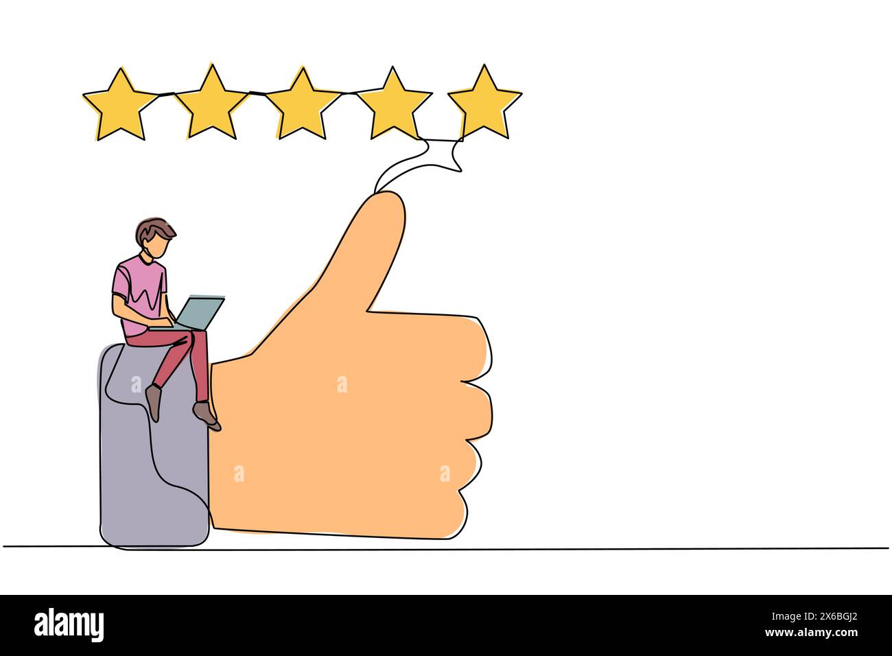 Single one line drawing young smiling man sitting on thumbs up typing ...