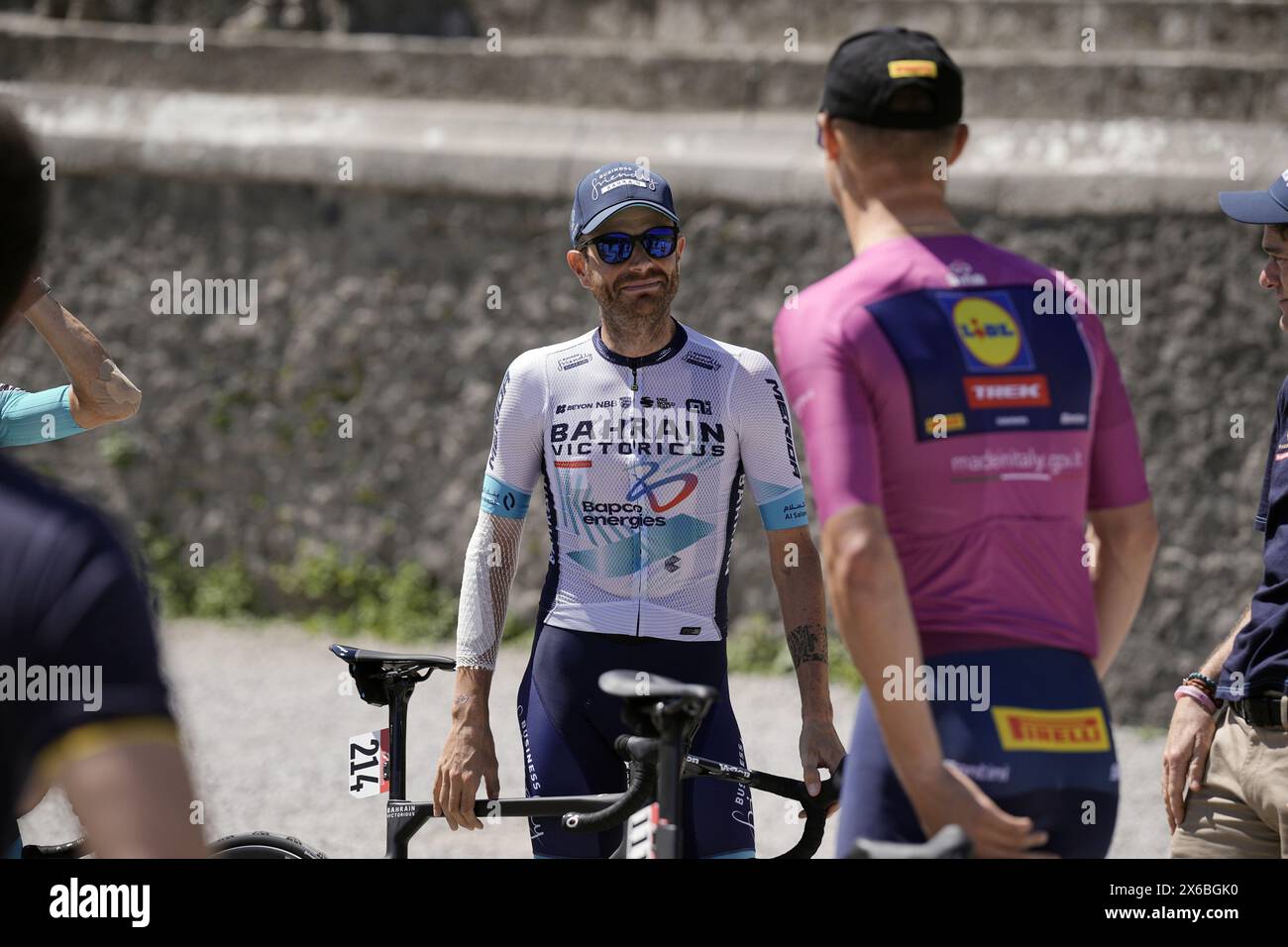 Pompei, Italia. 14th May, 2024. From left Caruso Damiano (Team Bahrain ...