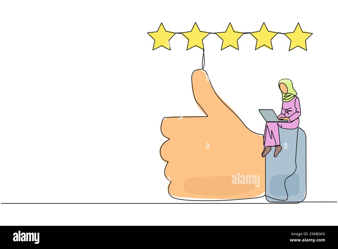 Single continuous line drawing young Arabian woman sitting on thumbs up ...