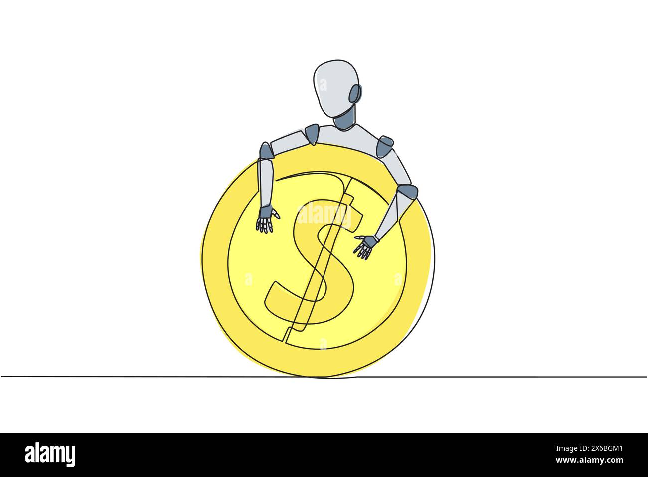 Continuous one line drawing robot hugging coin sign dollar. Insert coin ...