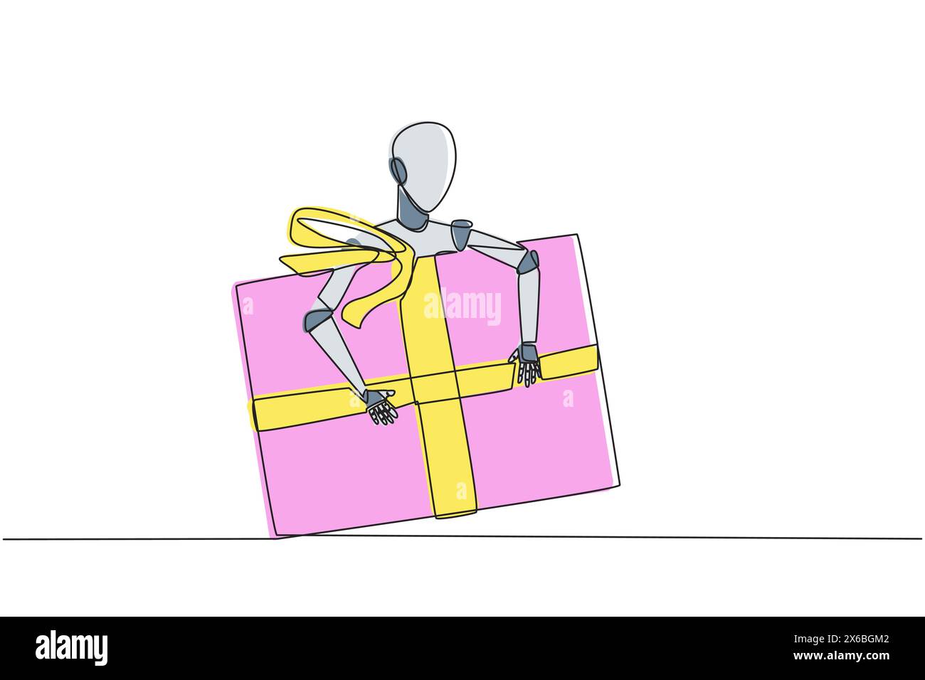 Continuous one line drawing robot hugging gift box. Gift delivery ...