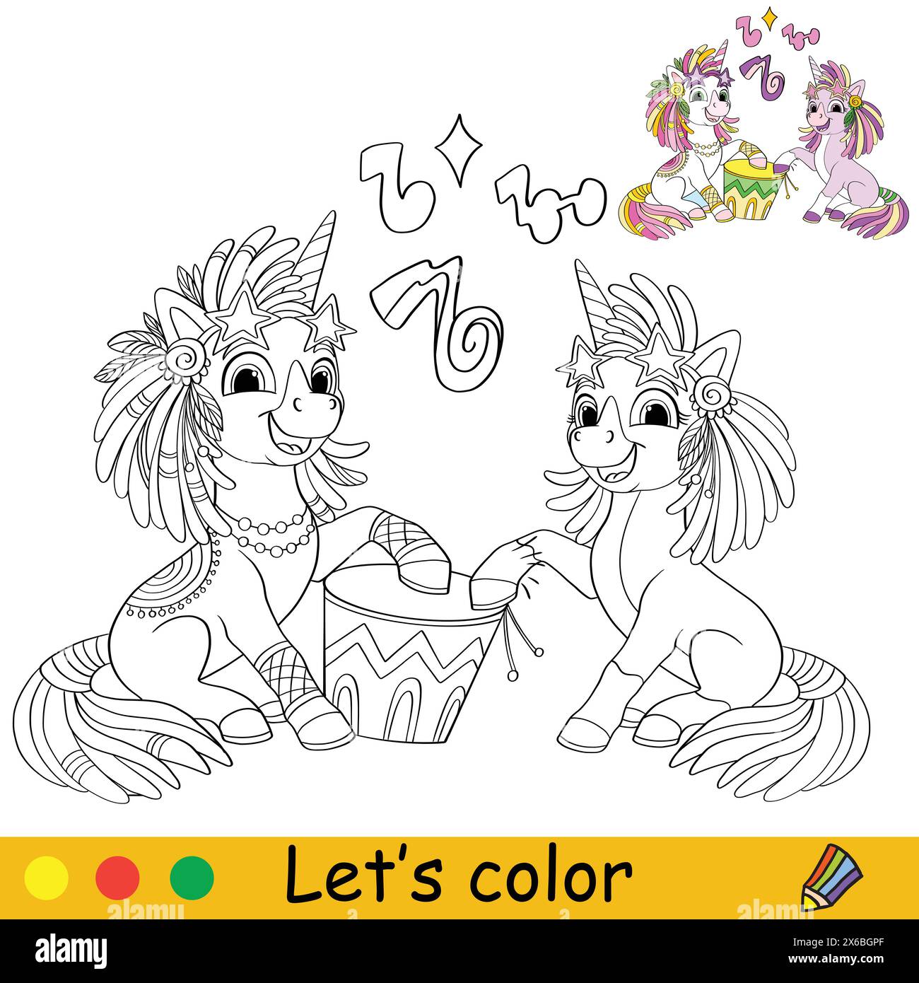 Cartoon cute unicorns and drum. Kids coloring book page. Unicorn ...