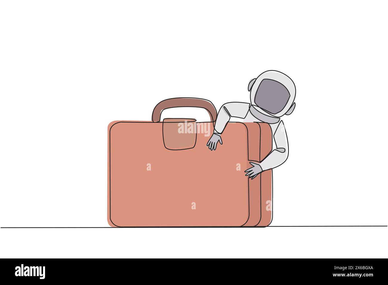Single one line drawing astronaut hugging briefcase. Preparations on ...