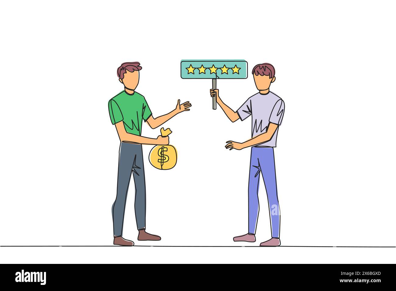 Single continuous line drawing two men standing opposite each other ...