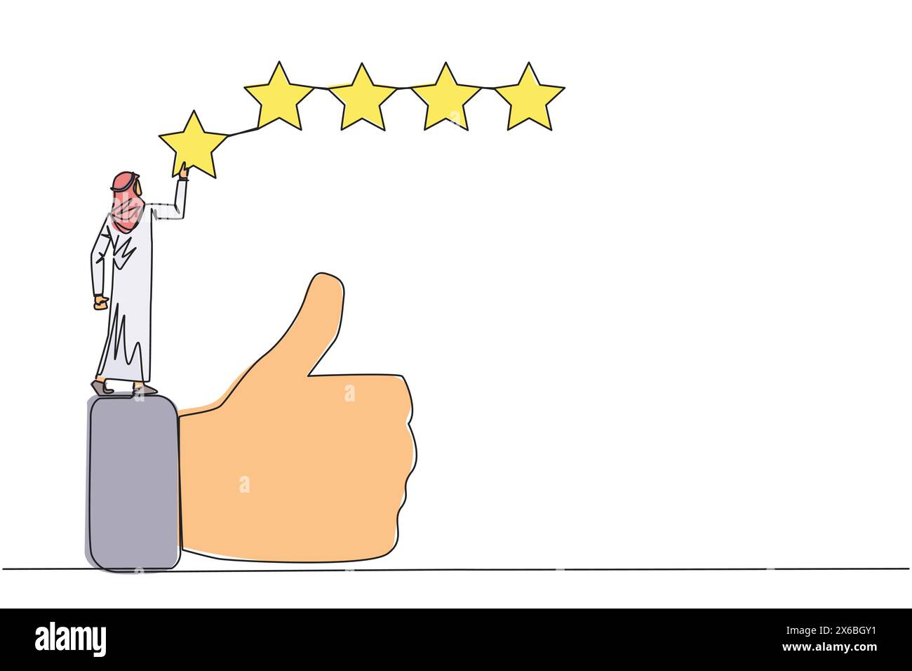 Single continuous line drawing young happy Arabian man standing on the ...