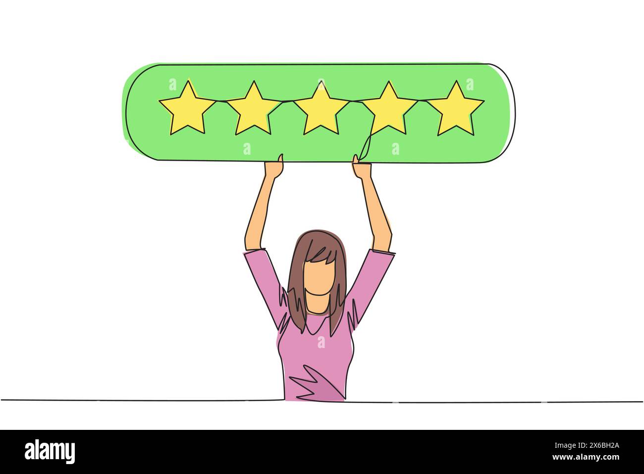 Single one line drawing young happy woman holding rating board which ...