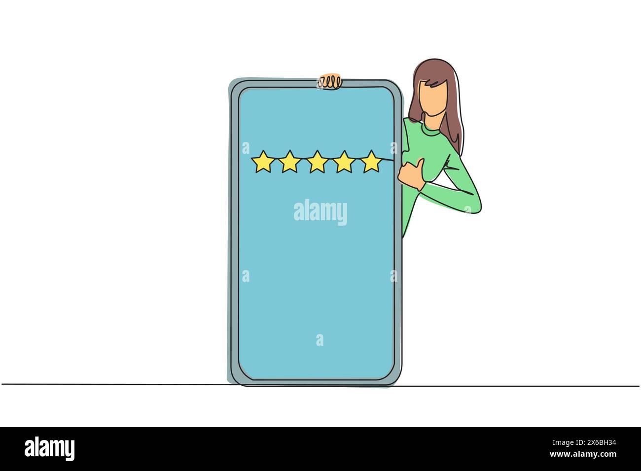 Continuous one line drawing woman stands behind big smartphone, head ...