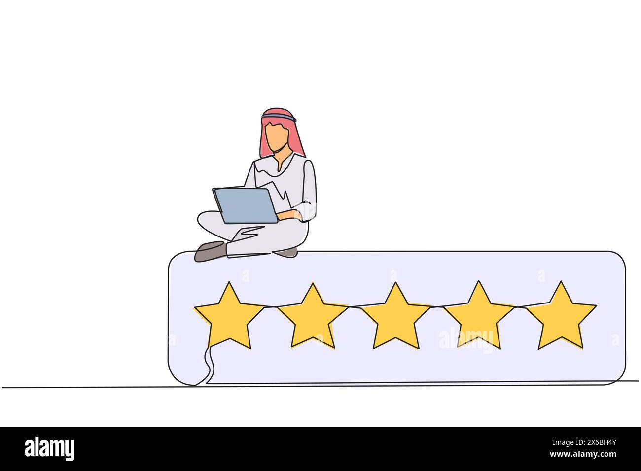 Single one line drawing young happy Arabian man sitting on rating board ...