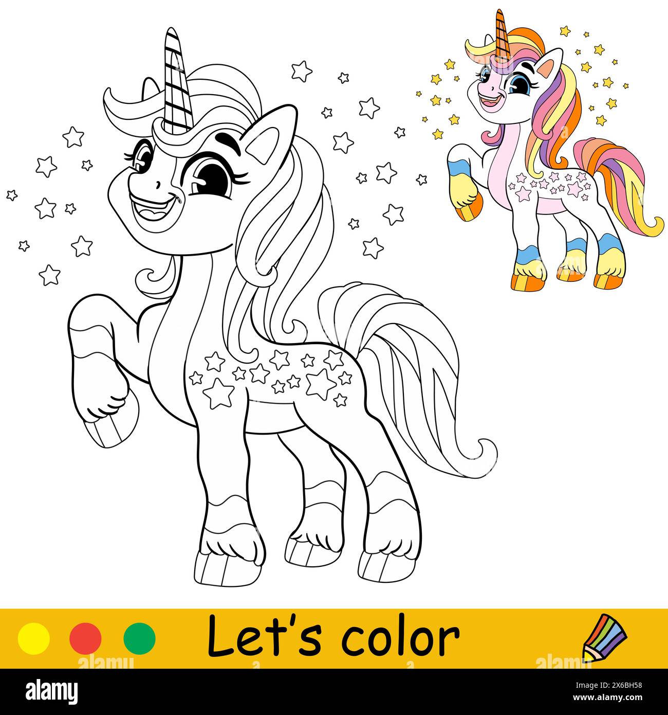 Cartoon cute unicorn with stars. Kids coloring book page. Unicorn ...