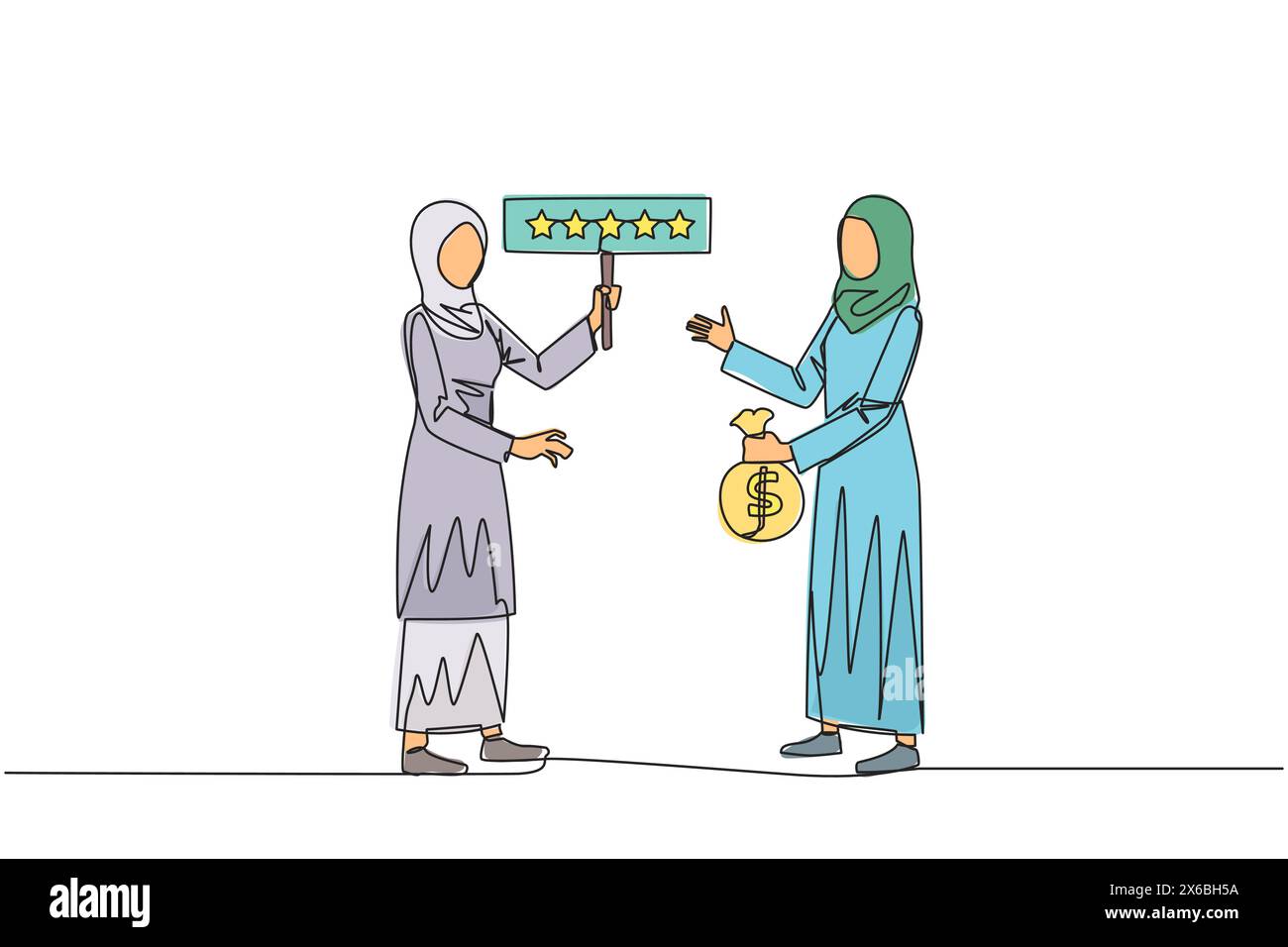 Continuous one line drawing two Arabian women standing opposite each ...