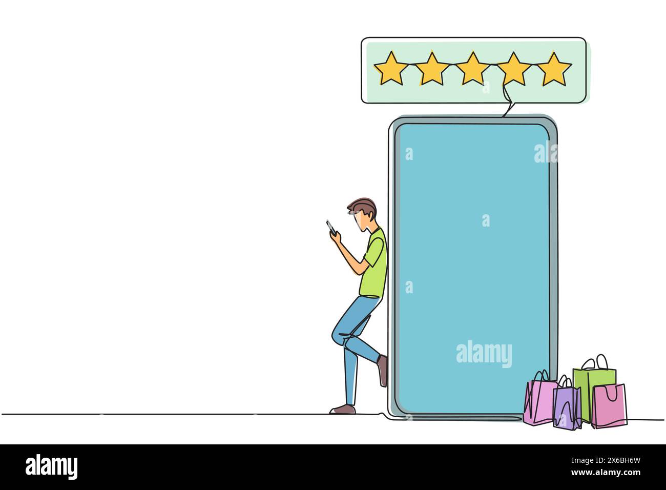 Continuous one line drawing young happy smiling man leaning on giant ...