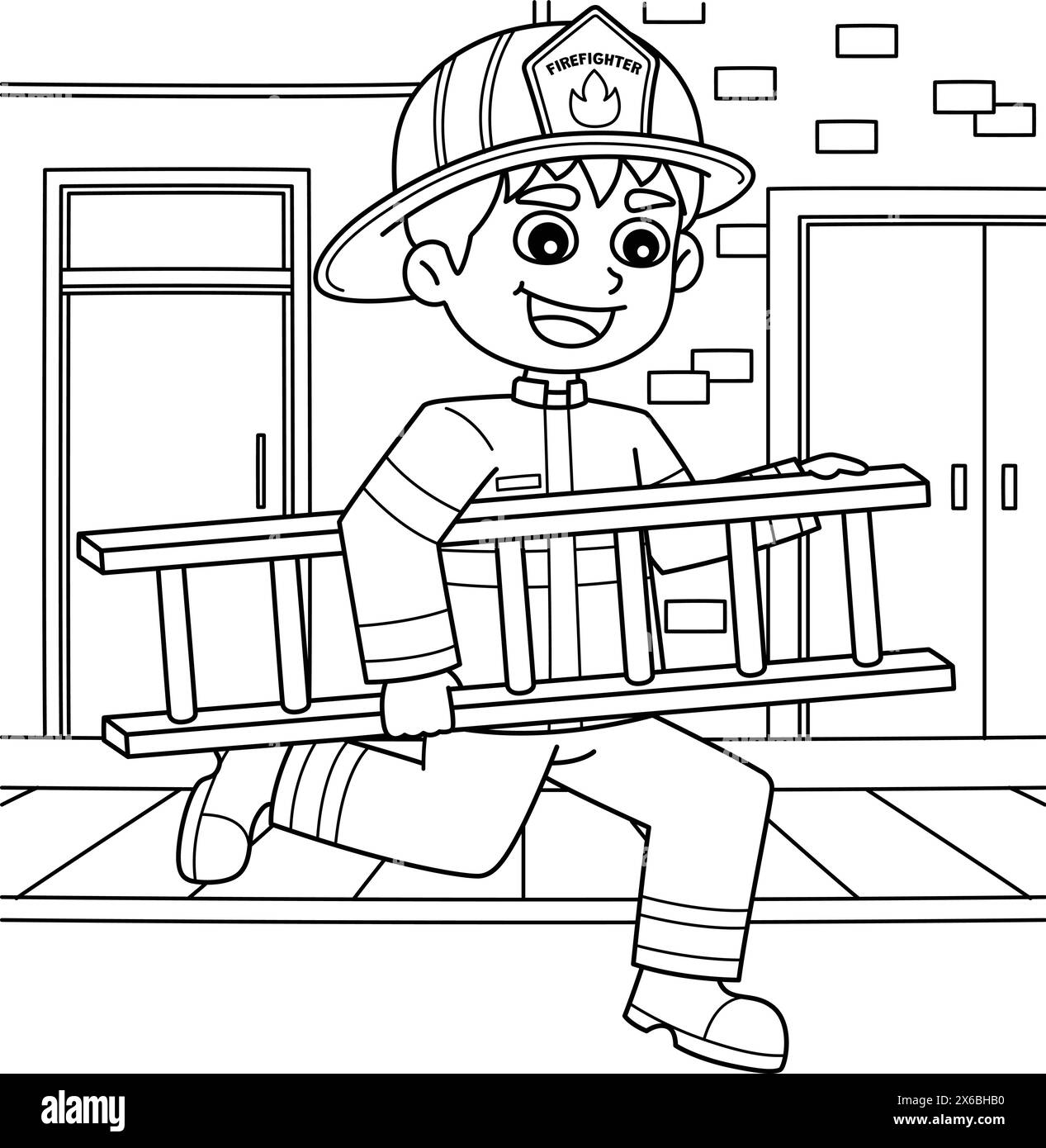 Firefighter Holding Ladder Coloring Page for Kids Stock Vector Image ...
