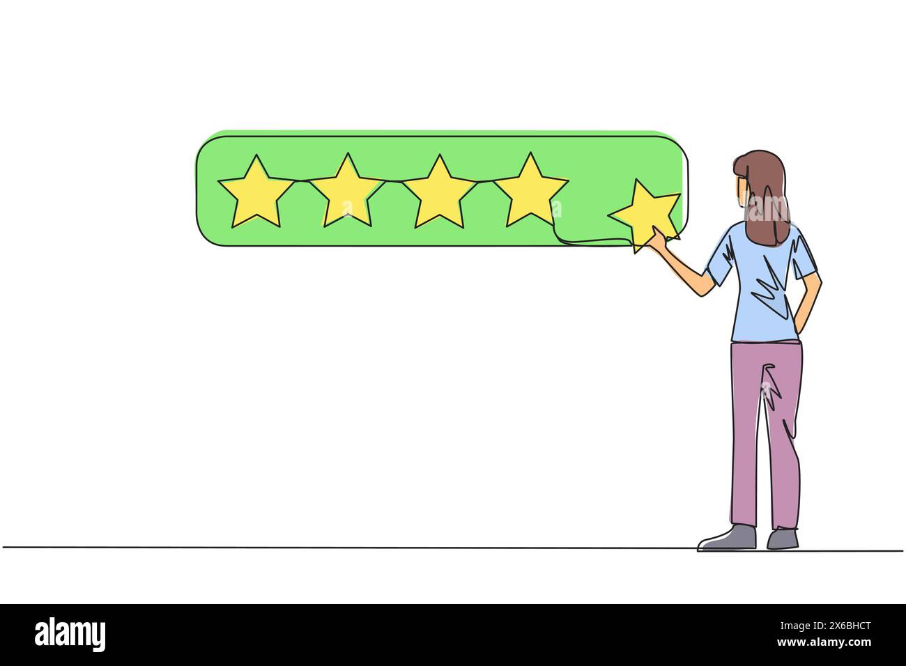 Single continuous line drawing happy woman standing holding 1 star and ...