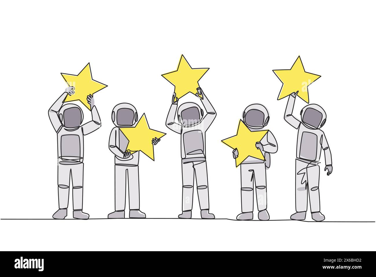 Single continuous line drawing group of five astronauts raised their ...