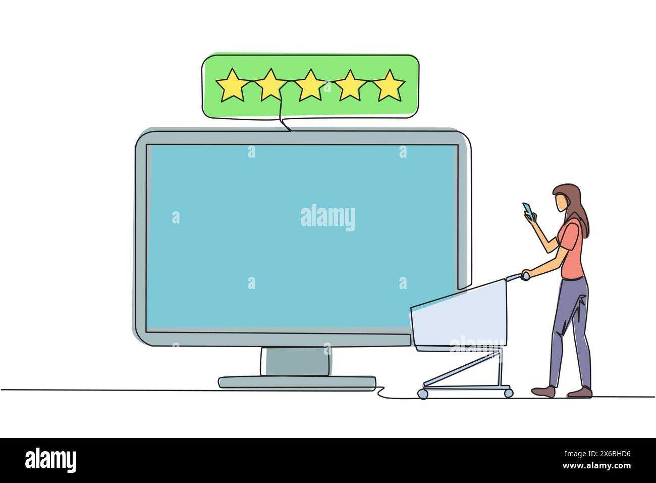 Single one line drawing happy woman walking carrying a trolley while ...