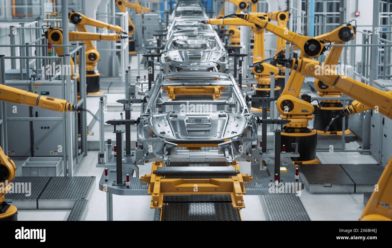 Car Factory 3D Concept: Automated Robot Arm Assembly Line Manufacturing ...