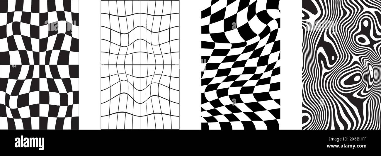 Set of distorted chessboard and curvy backgrounds. Psychedelic patterns ...