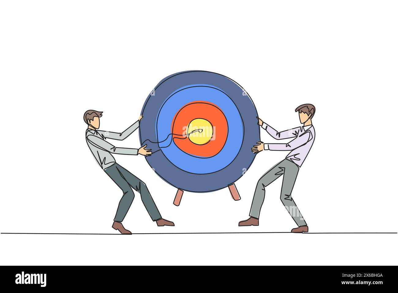 Single one line drawing two angry businessman fighting over arrow ...