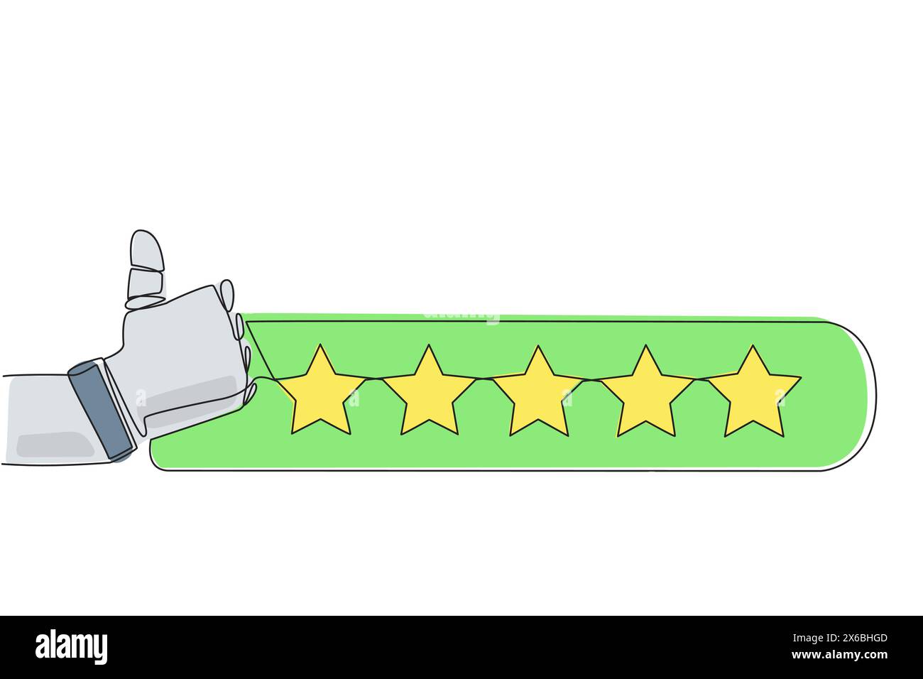 Single continuous line drawing robot thumbs up next to 5 stars. Star ...