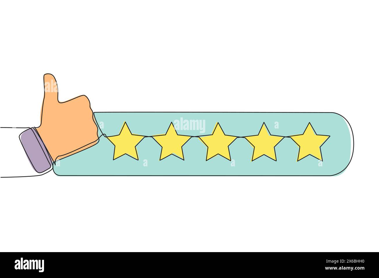 Single one line drawing thumbs up next to 5 stars. Star rating ...