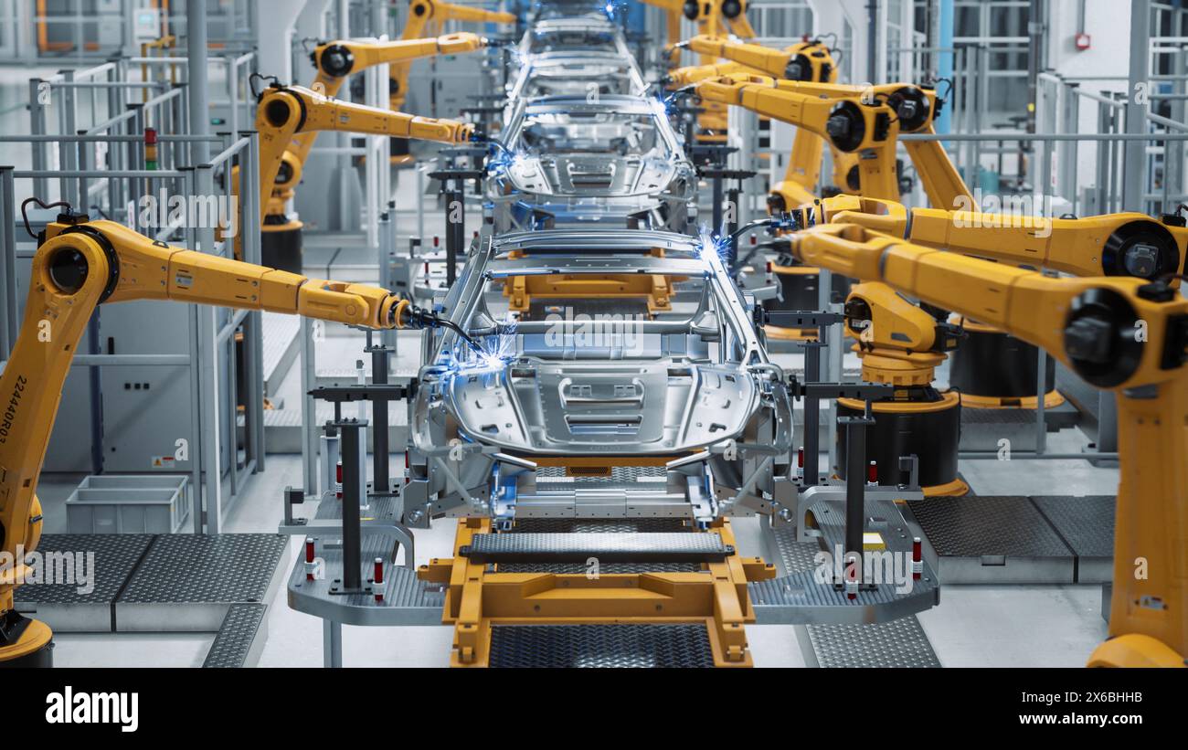 Car Factory 3D Concept: Automated Robot Arm Assembly Line Manufacturing ...