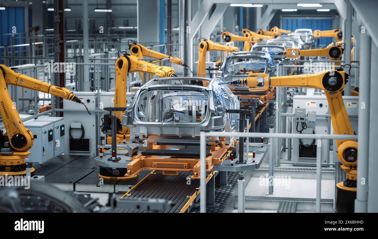 Car Factory 3D Concept: Automated Robot Arm Assembly Line Manufacturing Advanced High-Tech Green ...