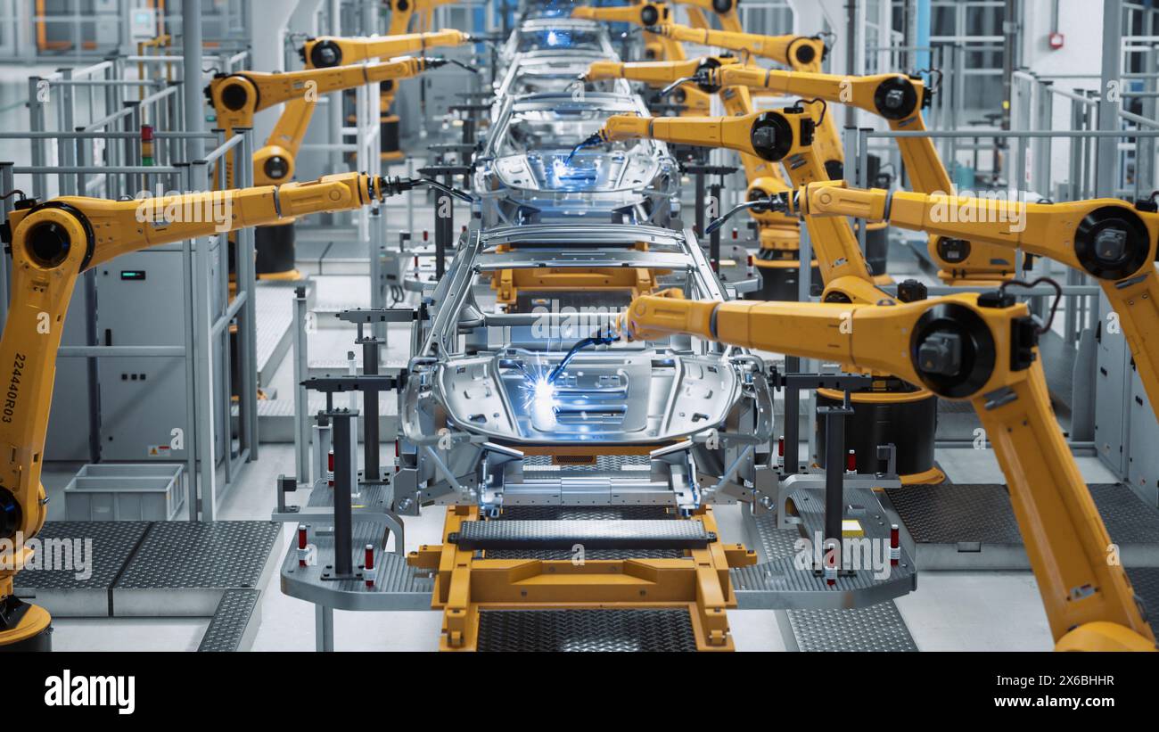 Car Factory 3D Concept: Automated Robot Arm Assembly Line Manufacturing ...