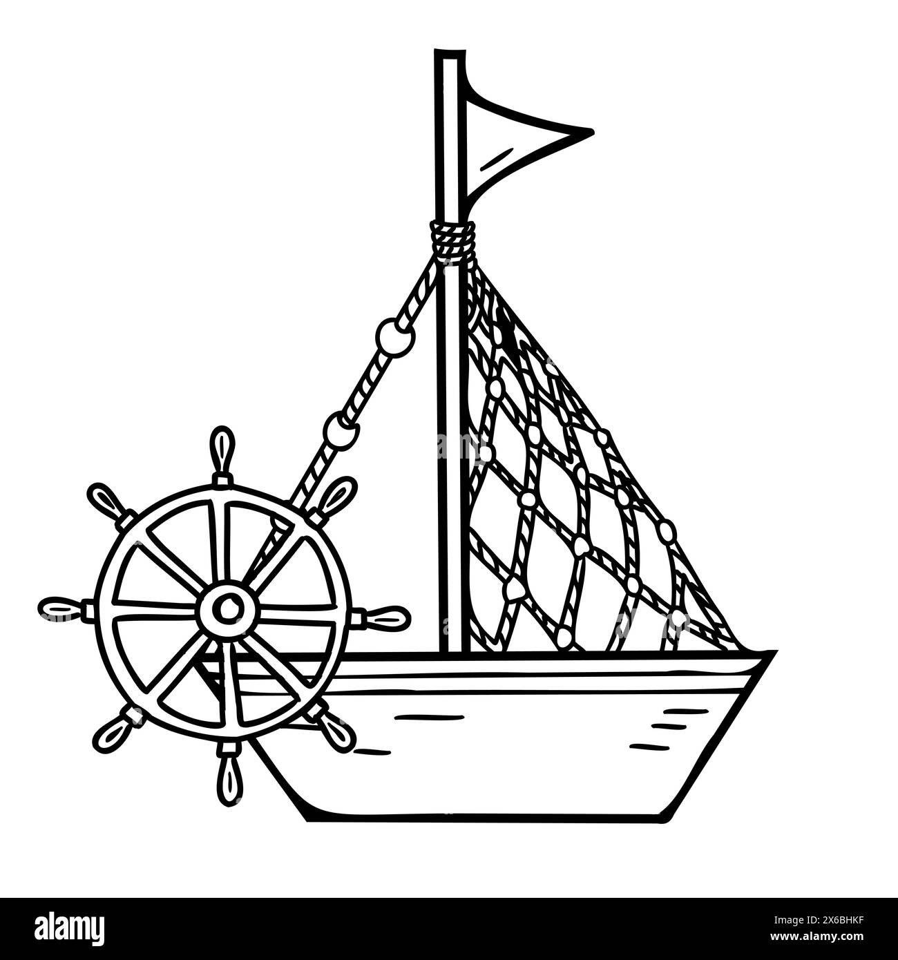 Cute Ship, Boat with Steering Wheel. Hand drawn Vector illustration ...