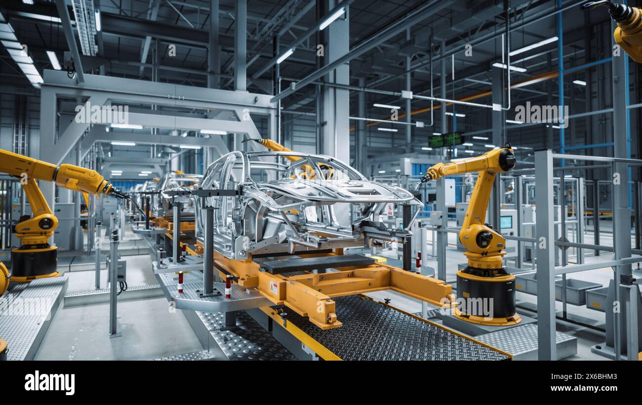 Car Factory 3D Concept: Automated Robot Arm Assembly Line Manufacturing High-Tech Green Energy ...