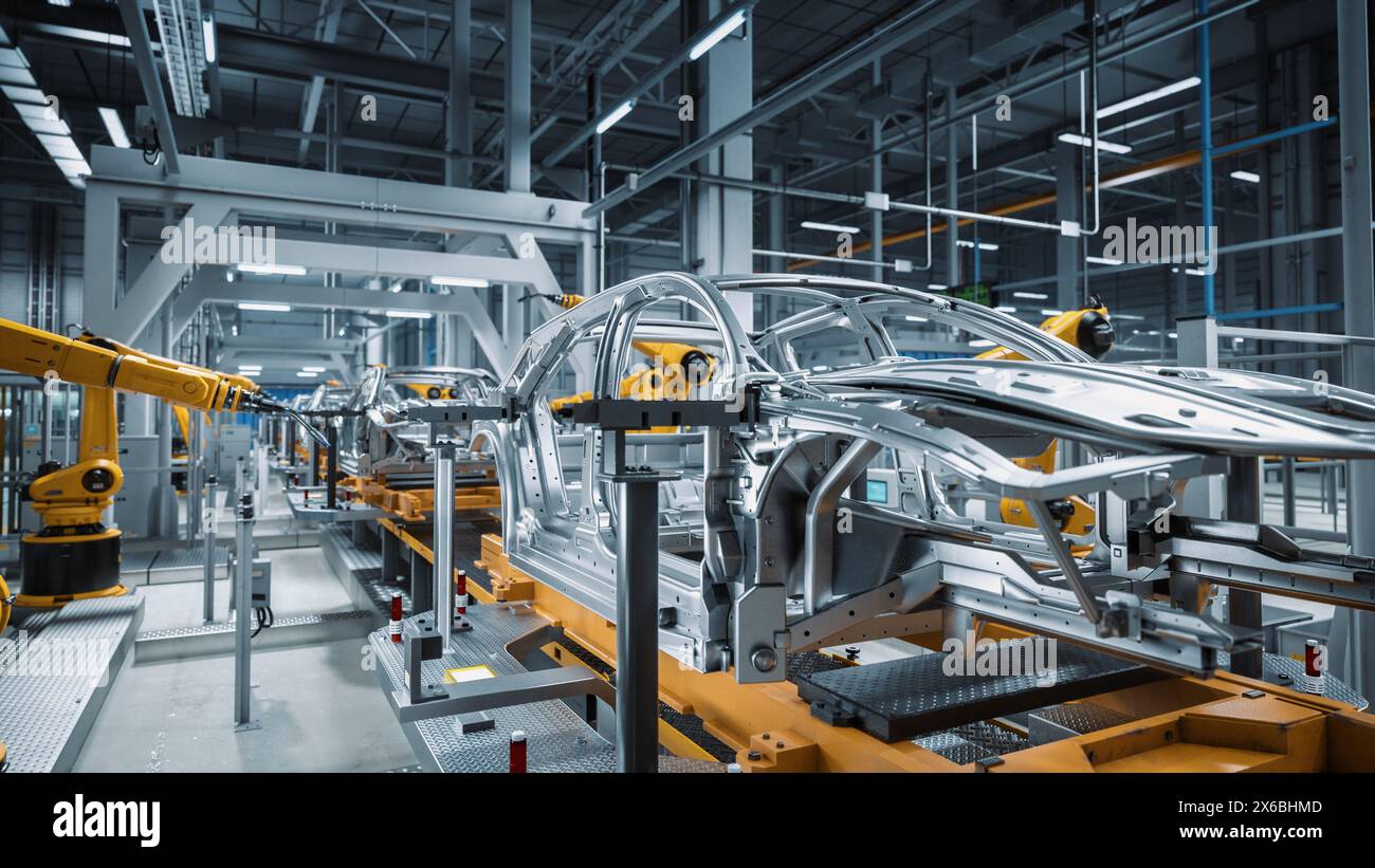 Car Factory 3D Concept: Automated Robot Arm Assembly Line Manufacturing High-Tech Green Energy ...