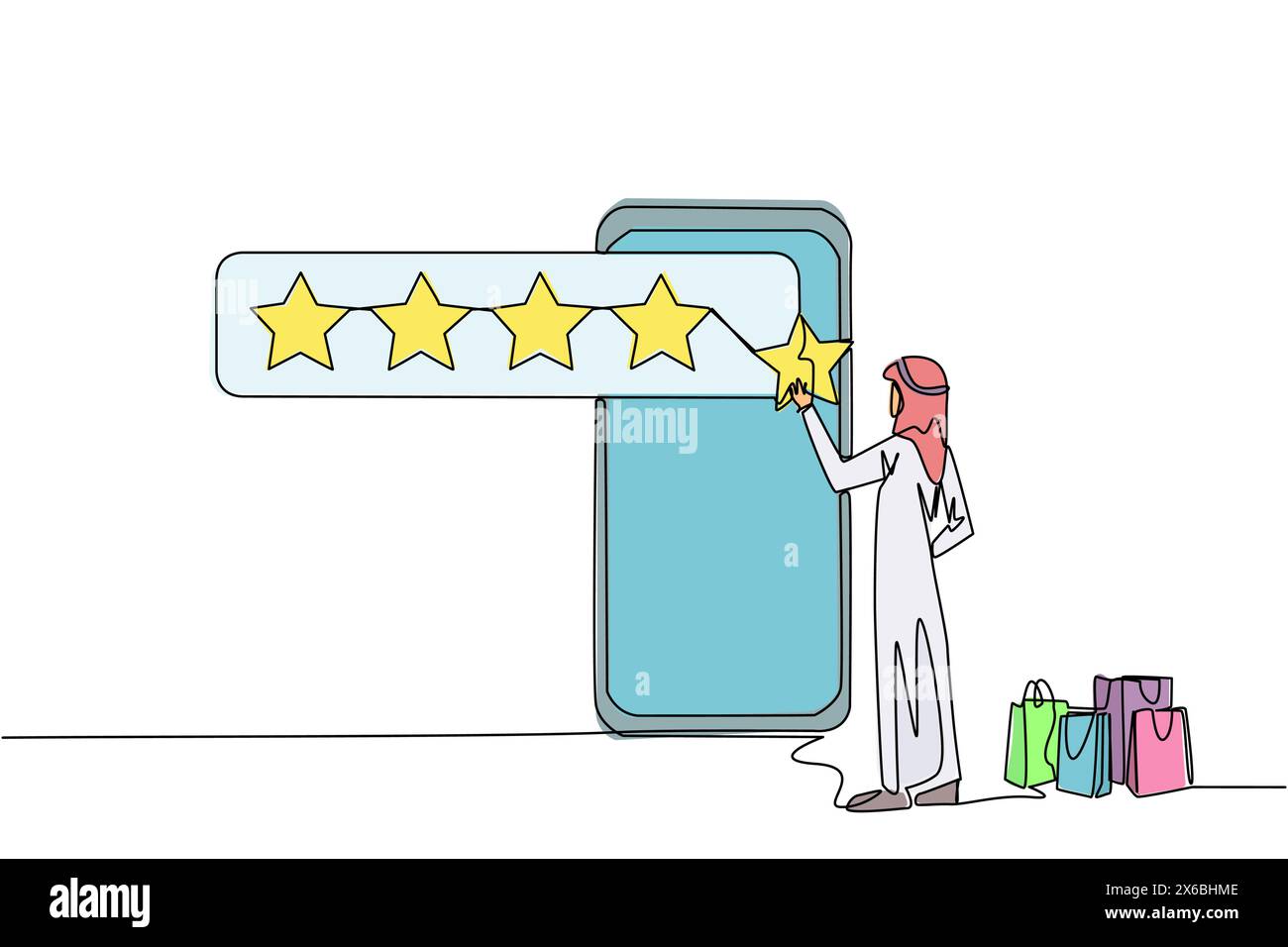 Continuous one line drawing Arabian man standing facing giant ...