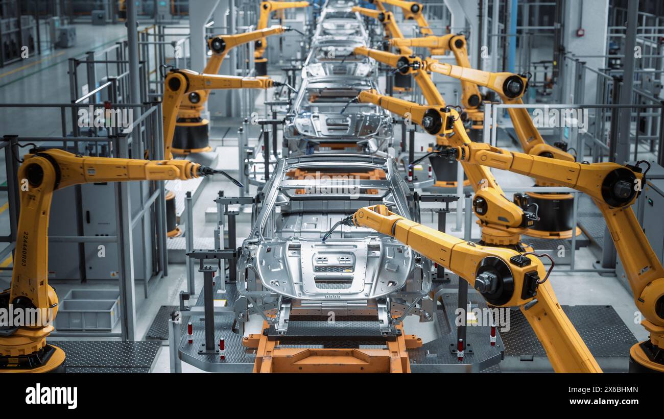 Car Factory 3D Concept: Automated Robot Arm Assembly Line Manufacturing High-Tech Green Energy ...
