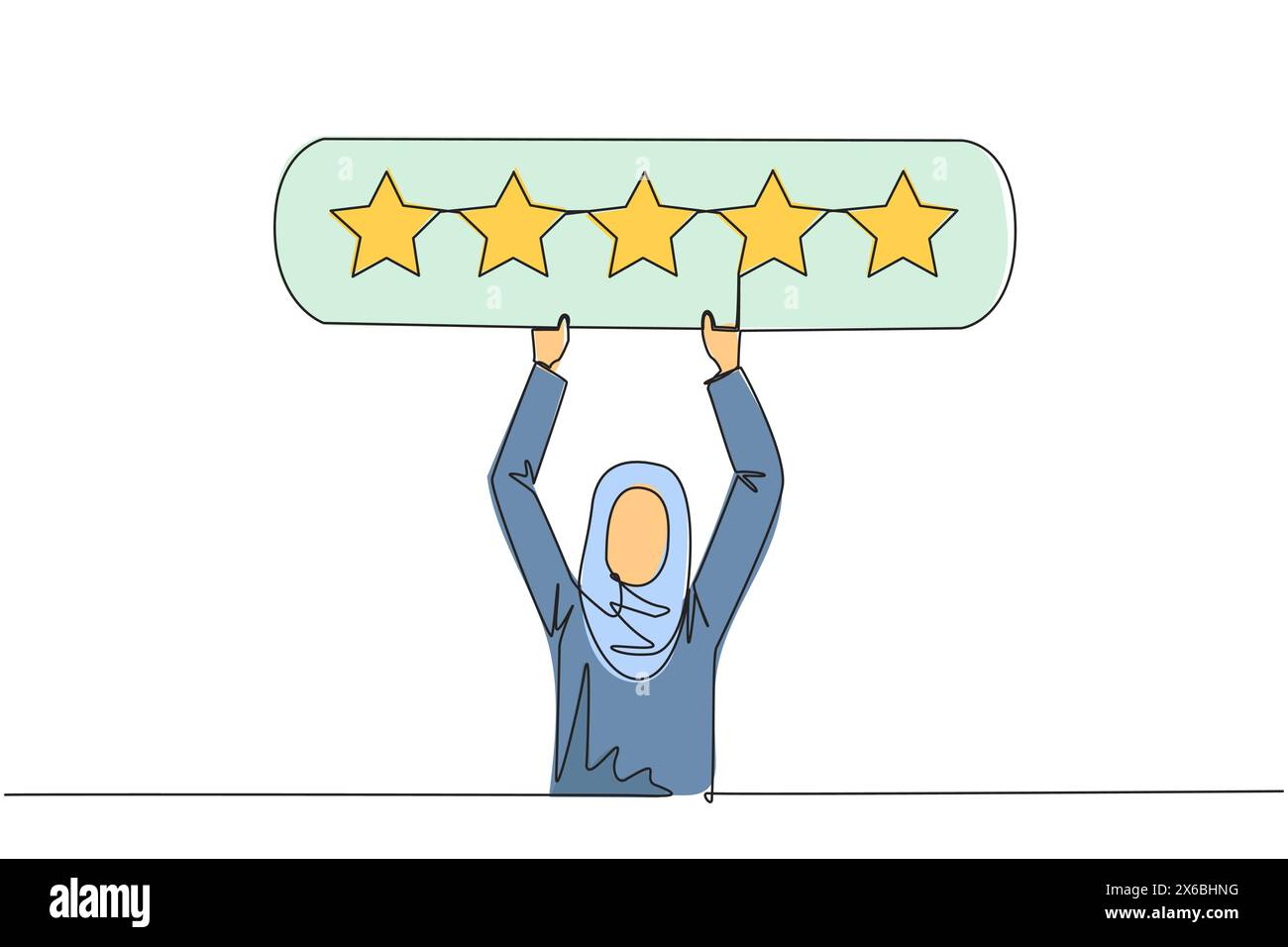 Single continuous line drawing young Arabian woman holding rating board ...