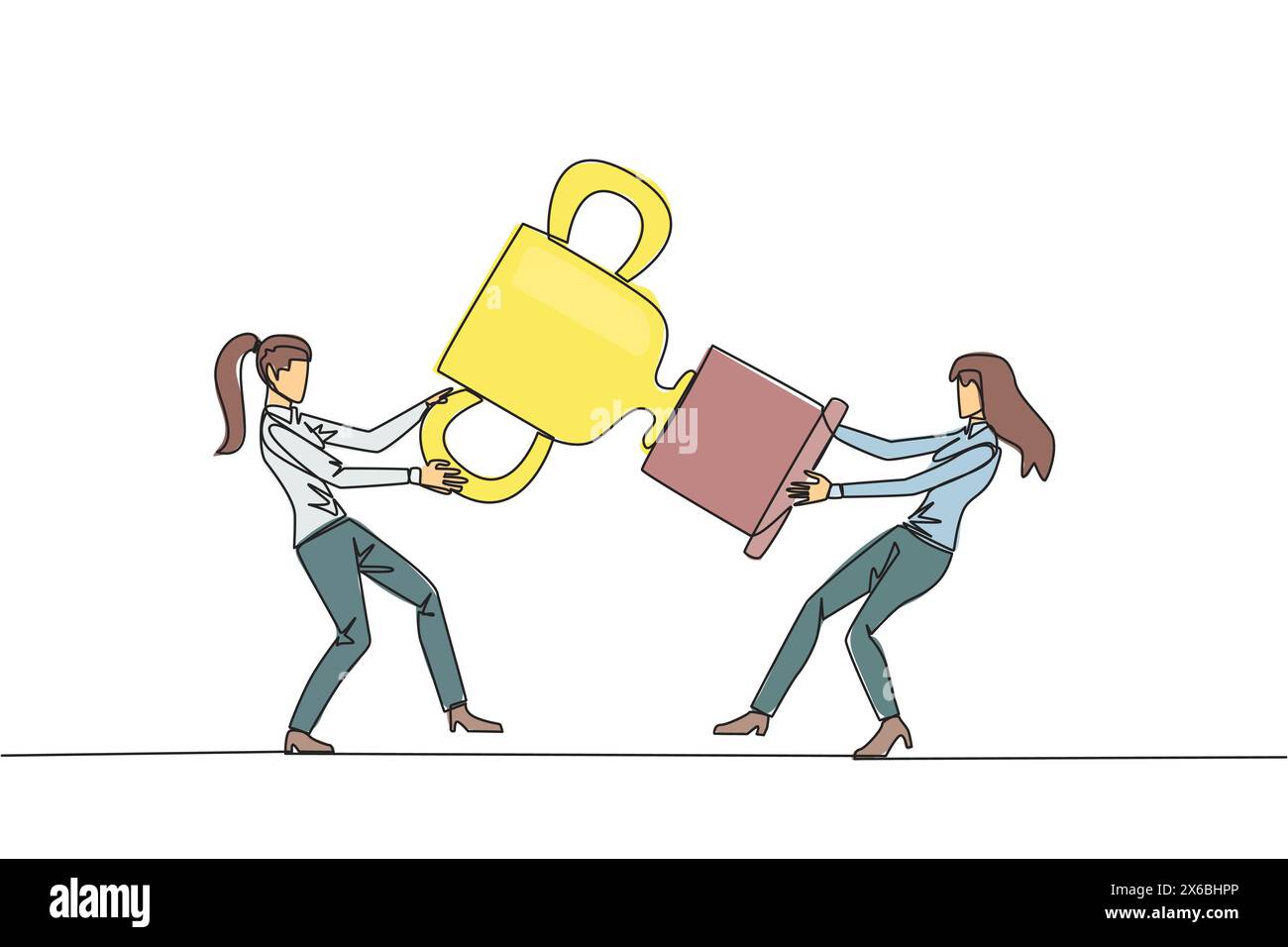Single one line drawing two businesswoman fighting over the trophy ...