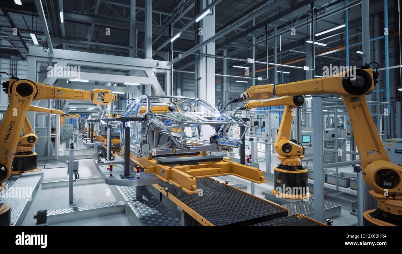 Car Factory 3D Concept: Automated Robot Arm Assembly Line Manufacturing High-Tech Green Energy ...