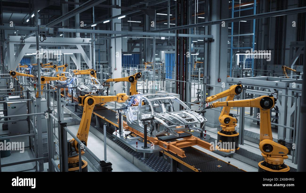 Car Factory 3D Concept: Automated Robot Arm Assembly Line Manufacturing ...