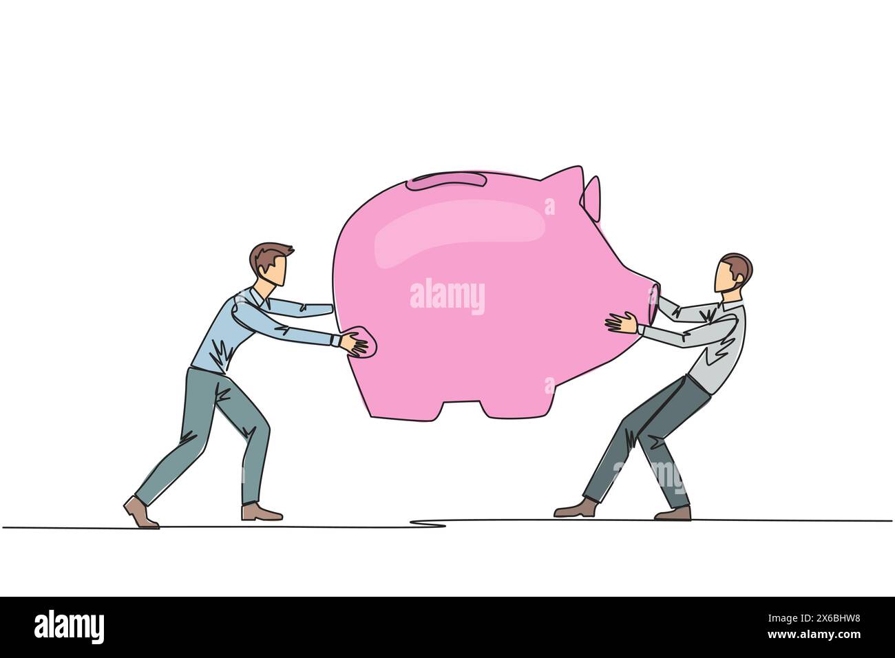 Single one line drawing two selfish businessman fighting over big piggy ...