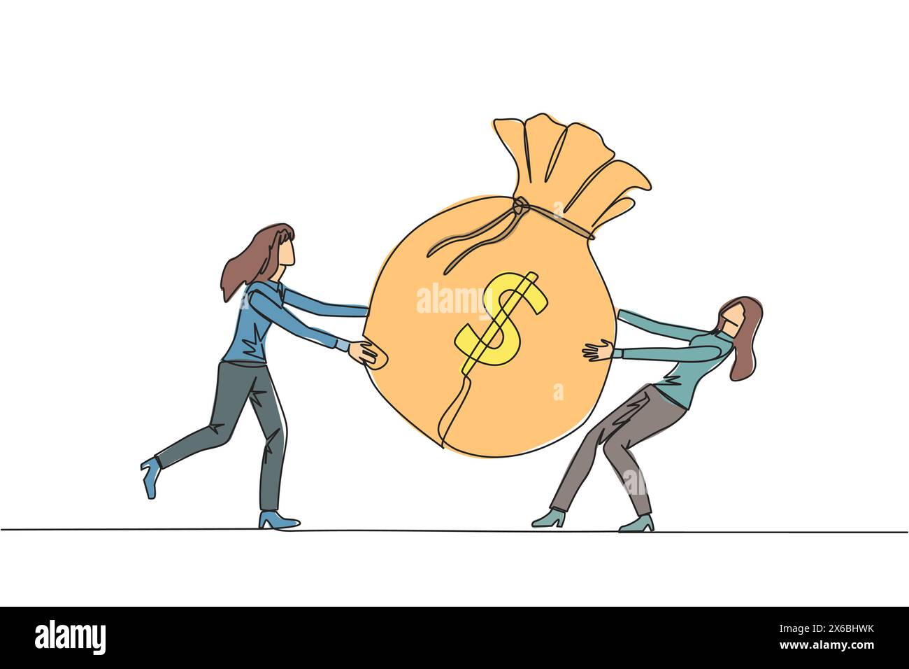 Continuous one line drawing two businesswoman fighting over big money ...