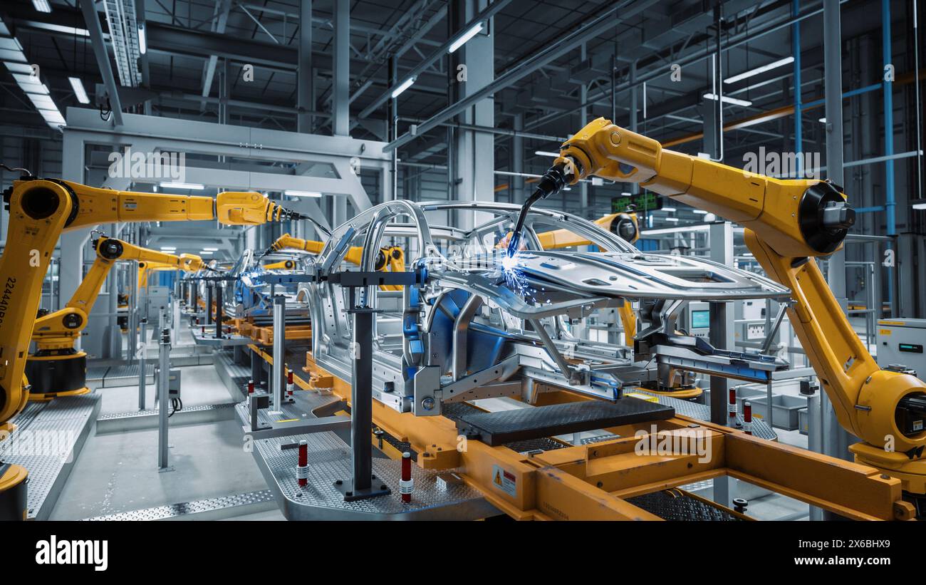 Car Factory 3D Concept: Automated Robot Arm Assembly Line Manufacturing High-Tech Green Energy ...