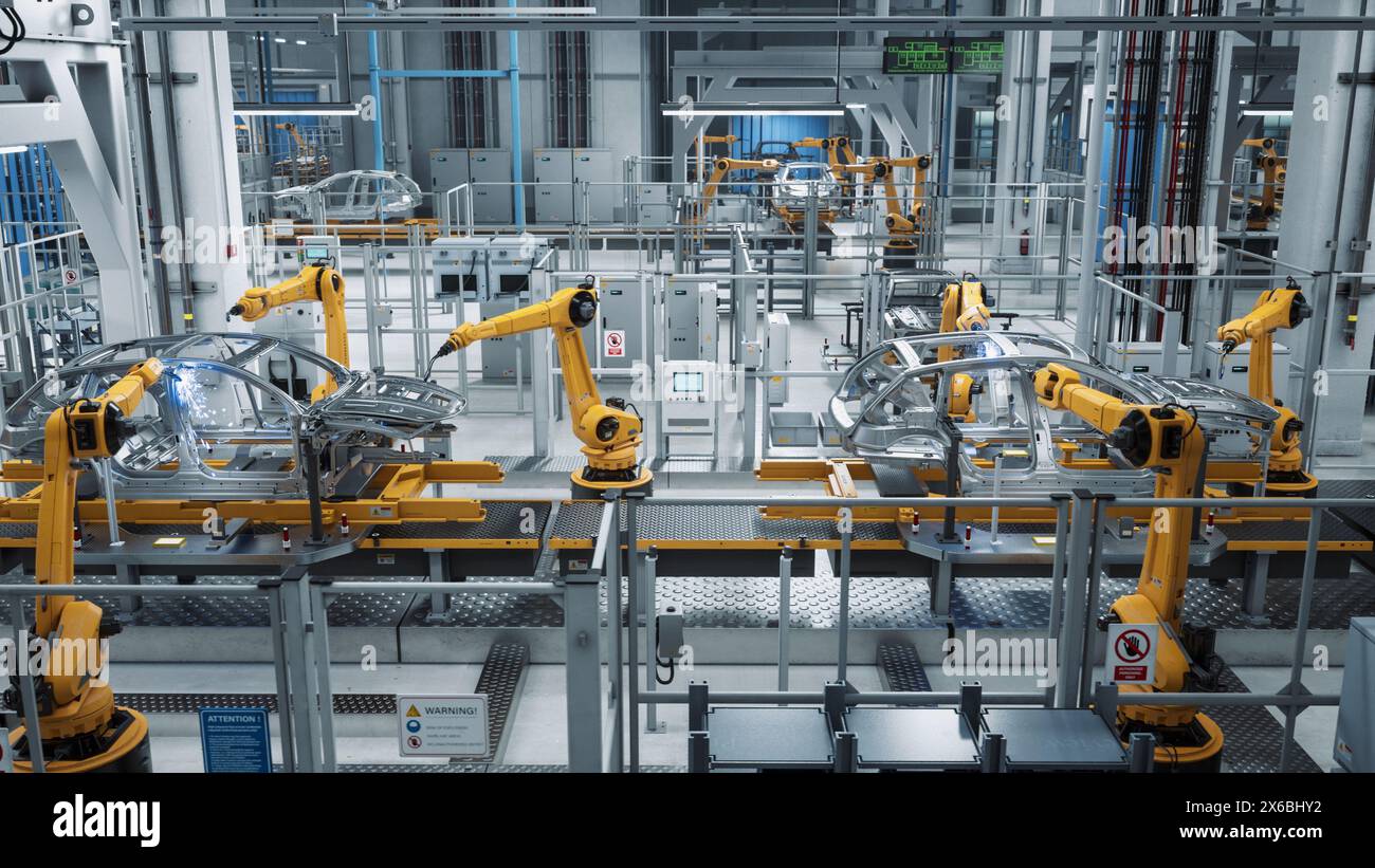 Car Factory 3D Concept: Automated Robot Arm Assembly Line Manufacturing High-Tech Green Energy ...