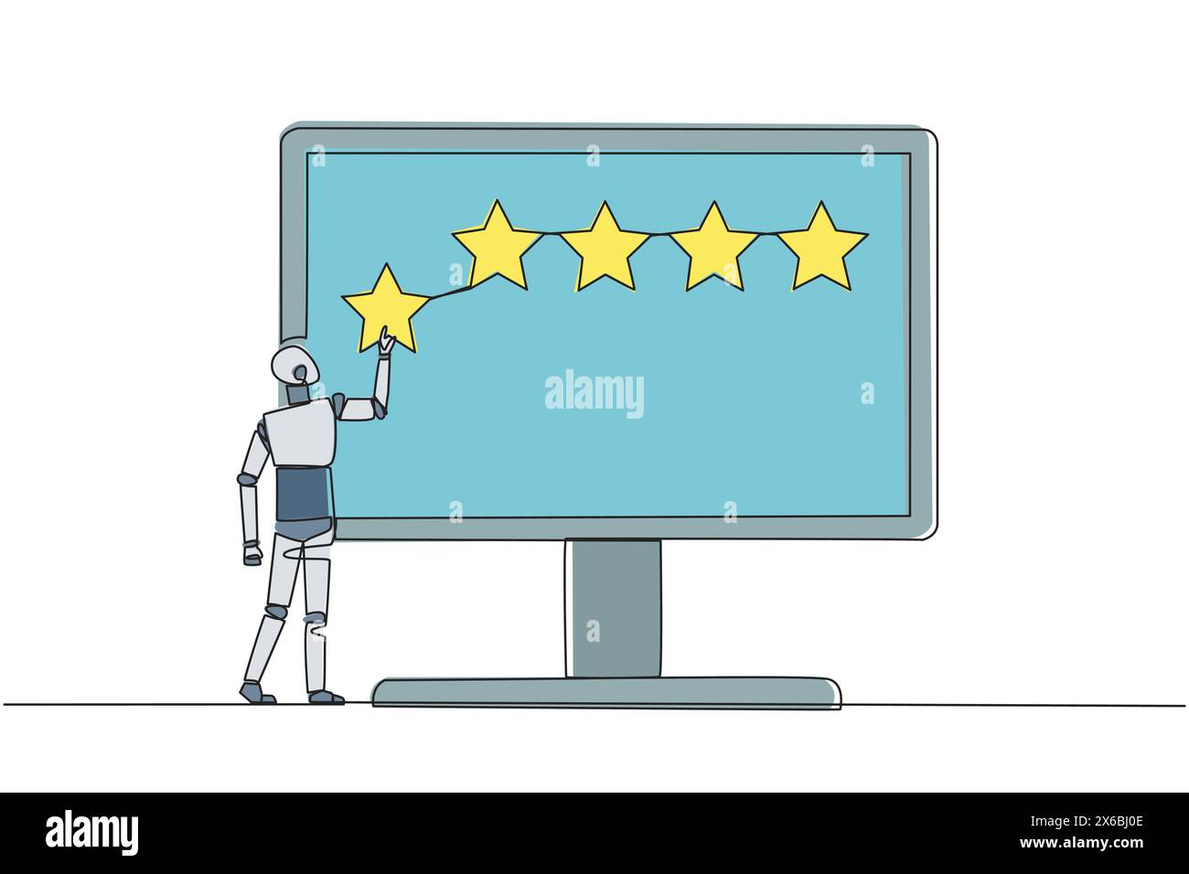 Single one line drawing robotic standing and trying to stick one star ...