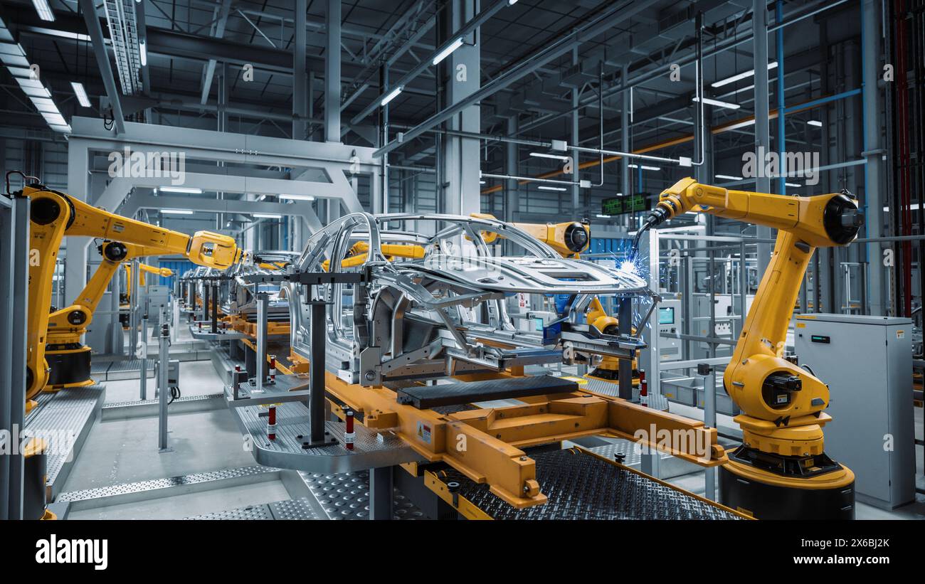 Car Factory 3D Concept: Automated Robot Arm Assembly Line Manufacturing Advanced High-Tech Green ...