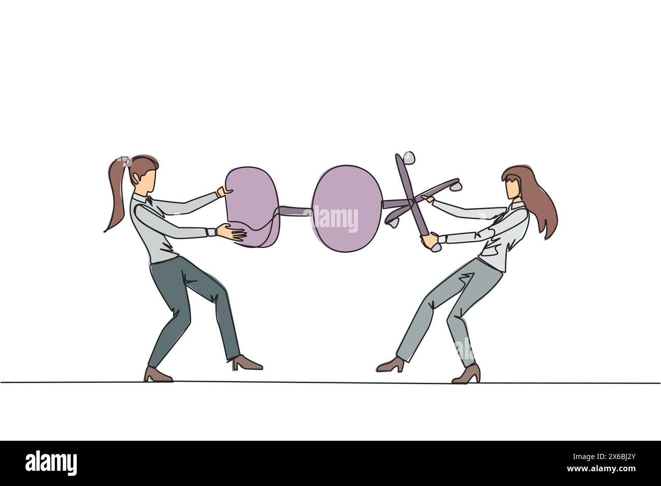 Single one line drawing two emotional businesswoman fighting over ...