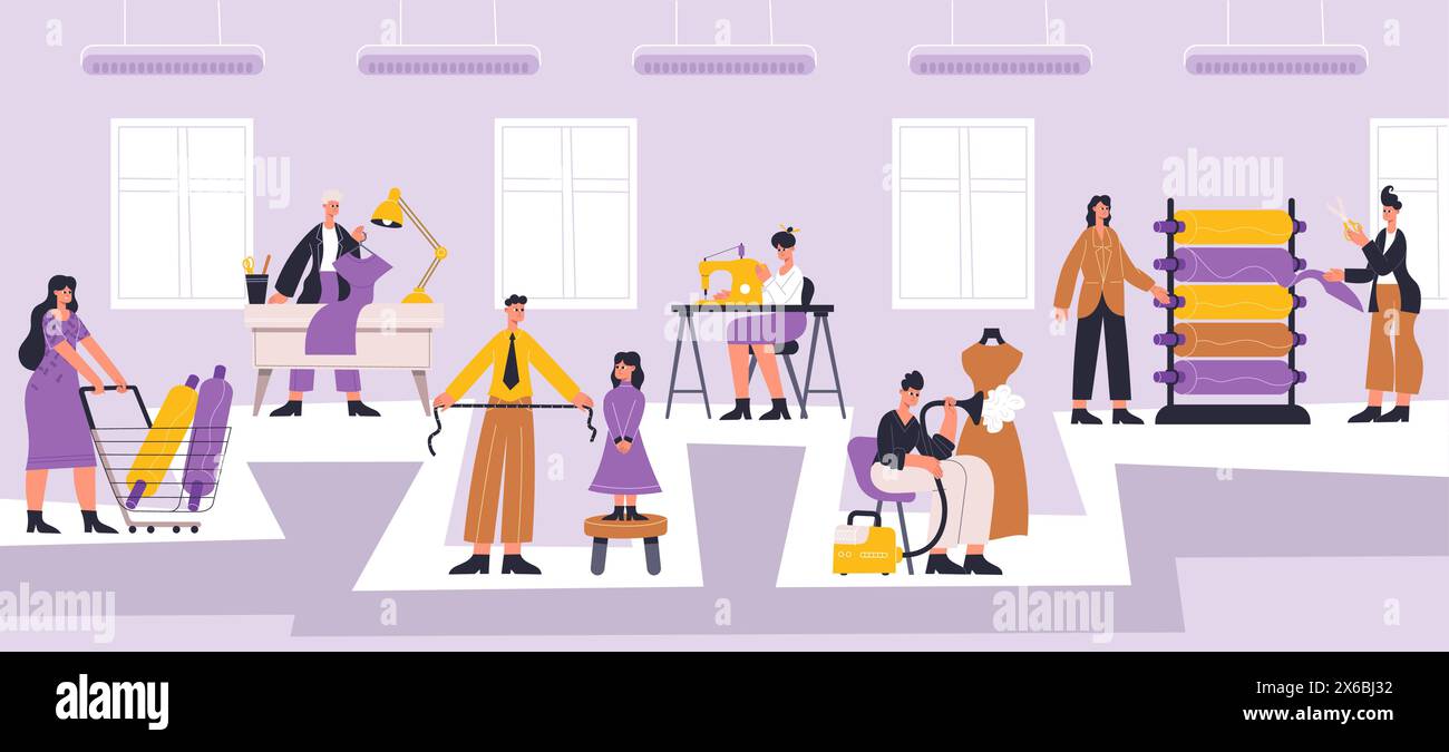 Fashion atelier workers, sewing, dressmaking workshop interior ...