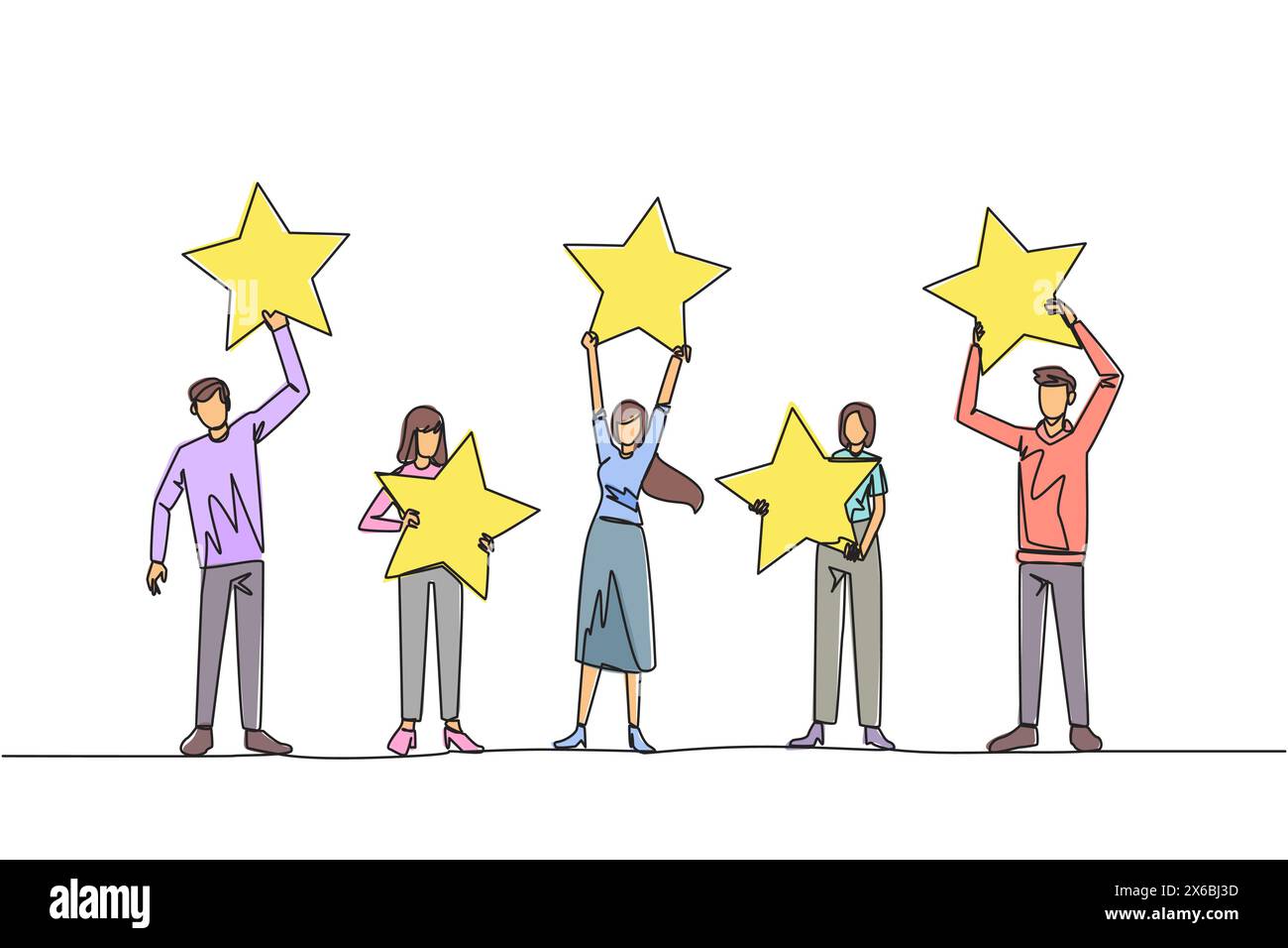 Single continuous line drawing a group of women and men raised their ...