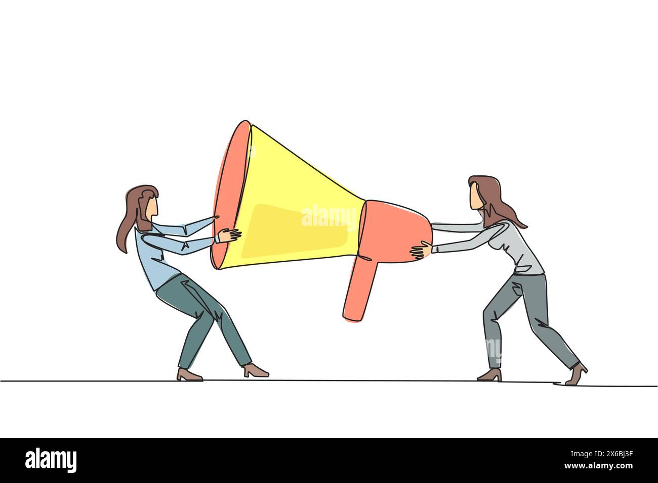 Single continuous line drawing two emotional businesswoman fighting ...