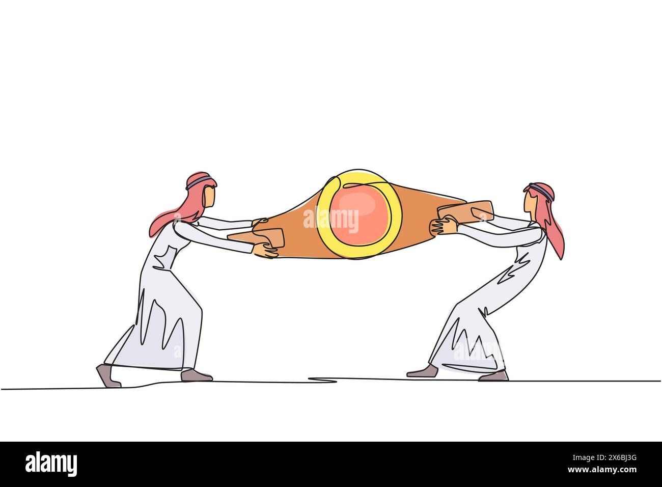 Continuous one line drawing two Arabian businessman fighting over ...